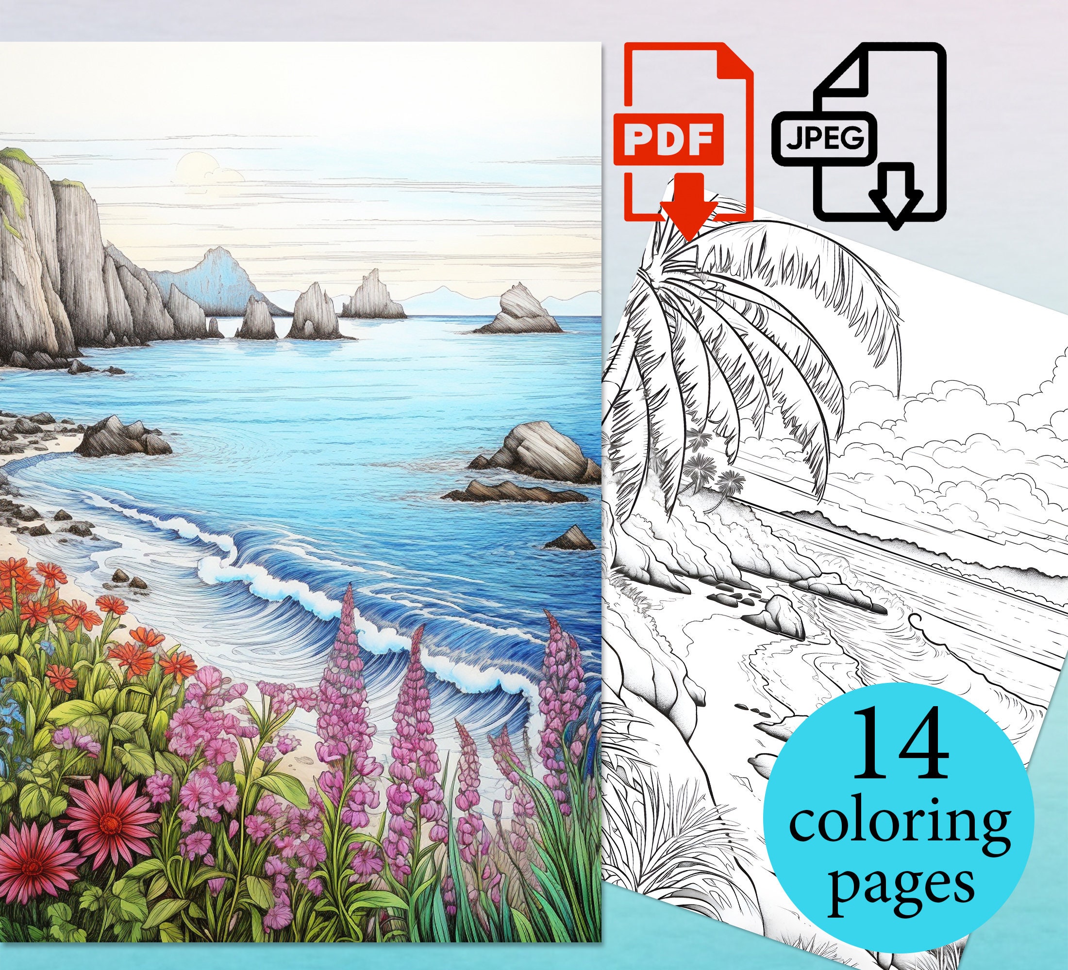 Beach Landscape Coloring Book Adults Activities Kids Activity Coloriage ...