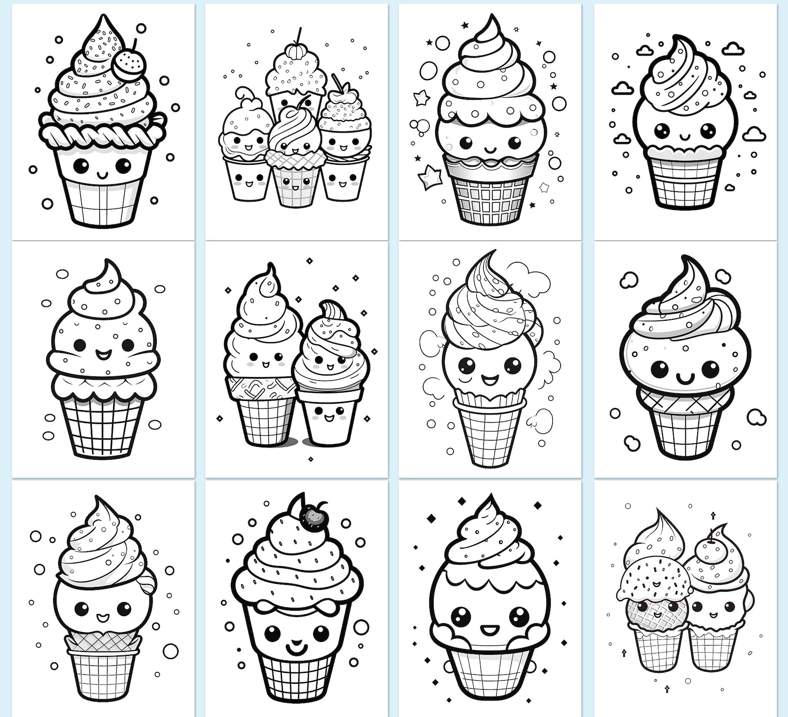Ice Cream Coloring Book Kawaii Kids Activity Pages Toddler Sheets ...