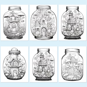 Fairy House in Jar Pages Coloring Book Bottle Adults Kids Activity ...