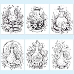 Flowers Fantasy Potion Bottles Coloring Book Magic Floral Pages Adults ...