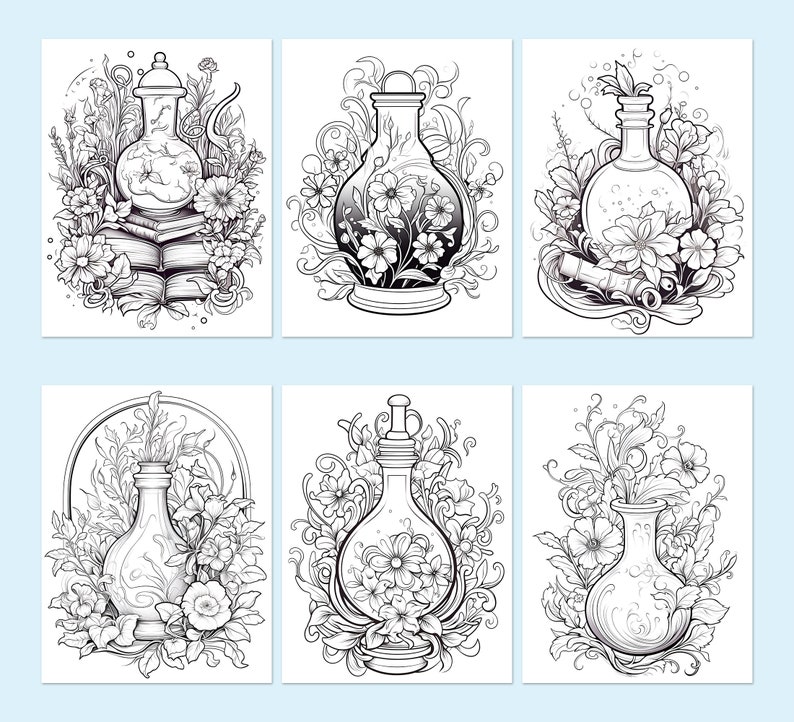 Flowers Fantasy Potion Bottles Coloring Book Magic Floral Pages Adults ...