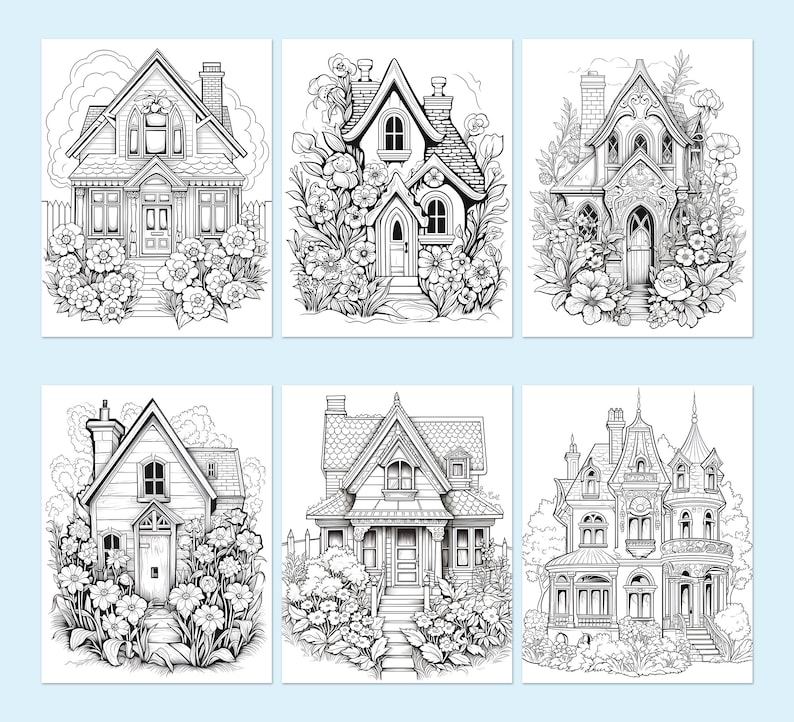 Flower Houses Coloring Pages Floral Book Botanical Adult Activity Kids ...