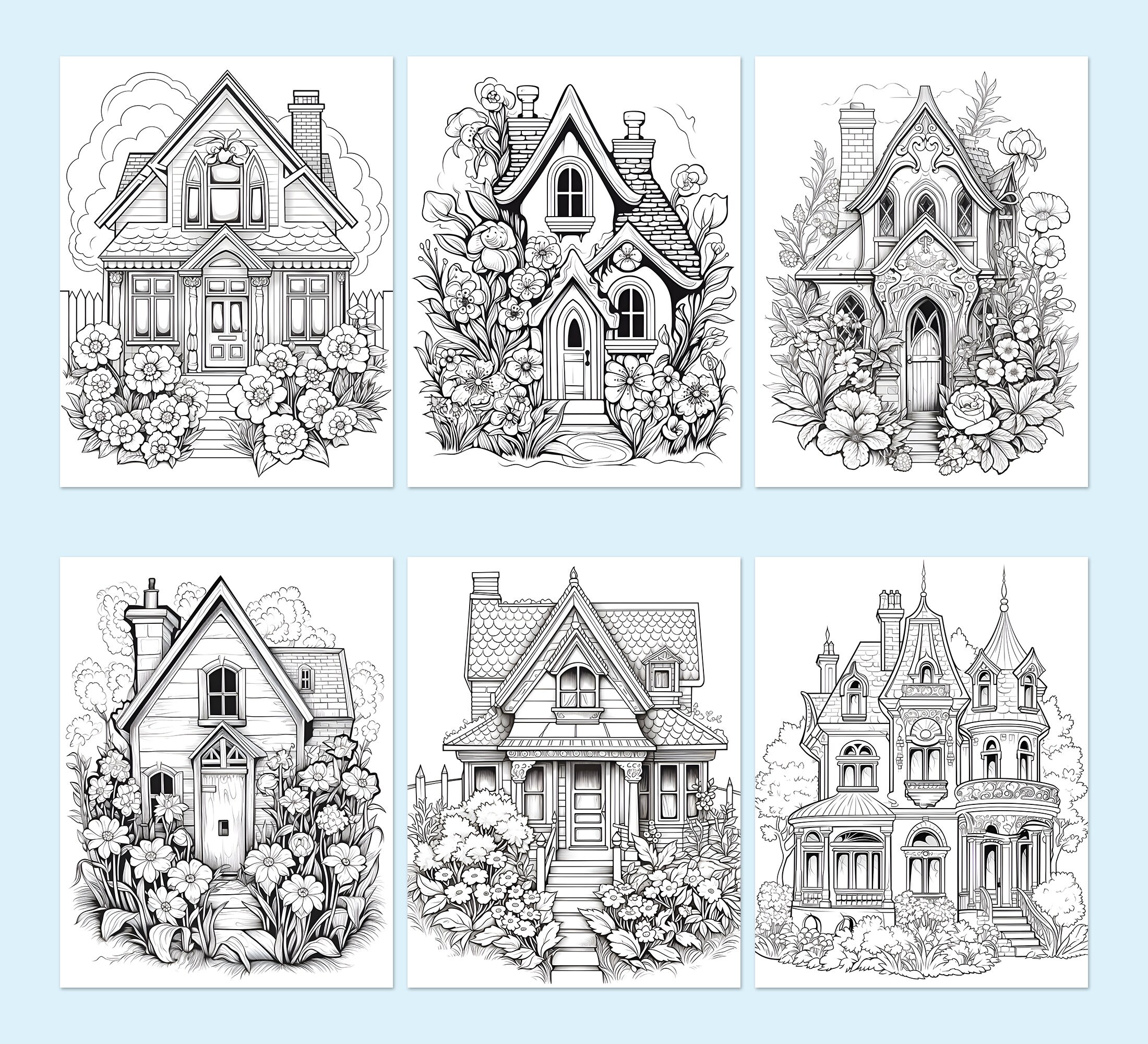 Flower Houses Coloring Pages Floral Book Botanical Adult Activity Kids ...