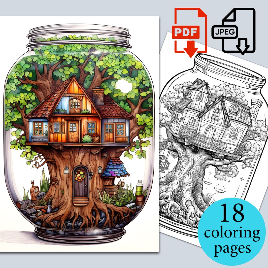 Treehouse in Jar Coloring Book Tree House in Bottle Pages Adults Kids ...
