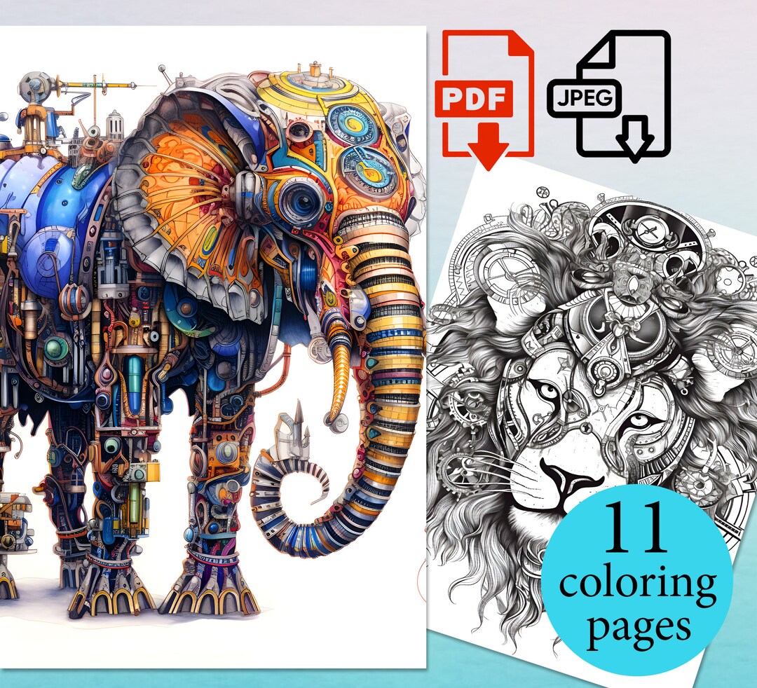 Mechanical Steampunk Animals Coloring Book Coloriage Sheets Adults Kids ...