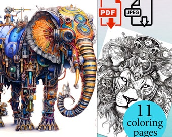 Mechanical Steampunk Animals Coloring Book Coloriage Sheets Adults Kids ...