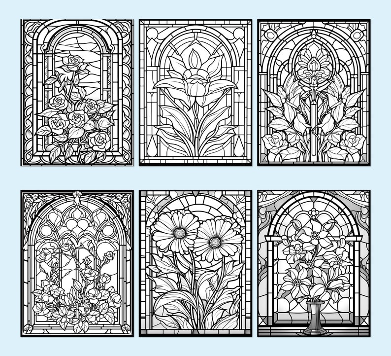 Flowers Stained Glass Window Floral Coloring Pages Adult Activity Kids ...
