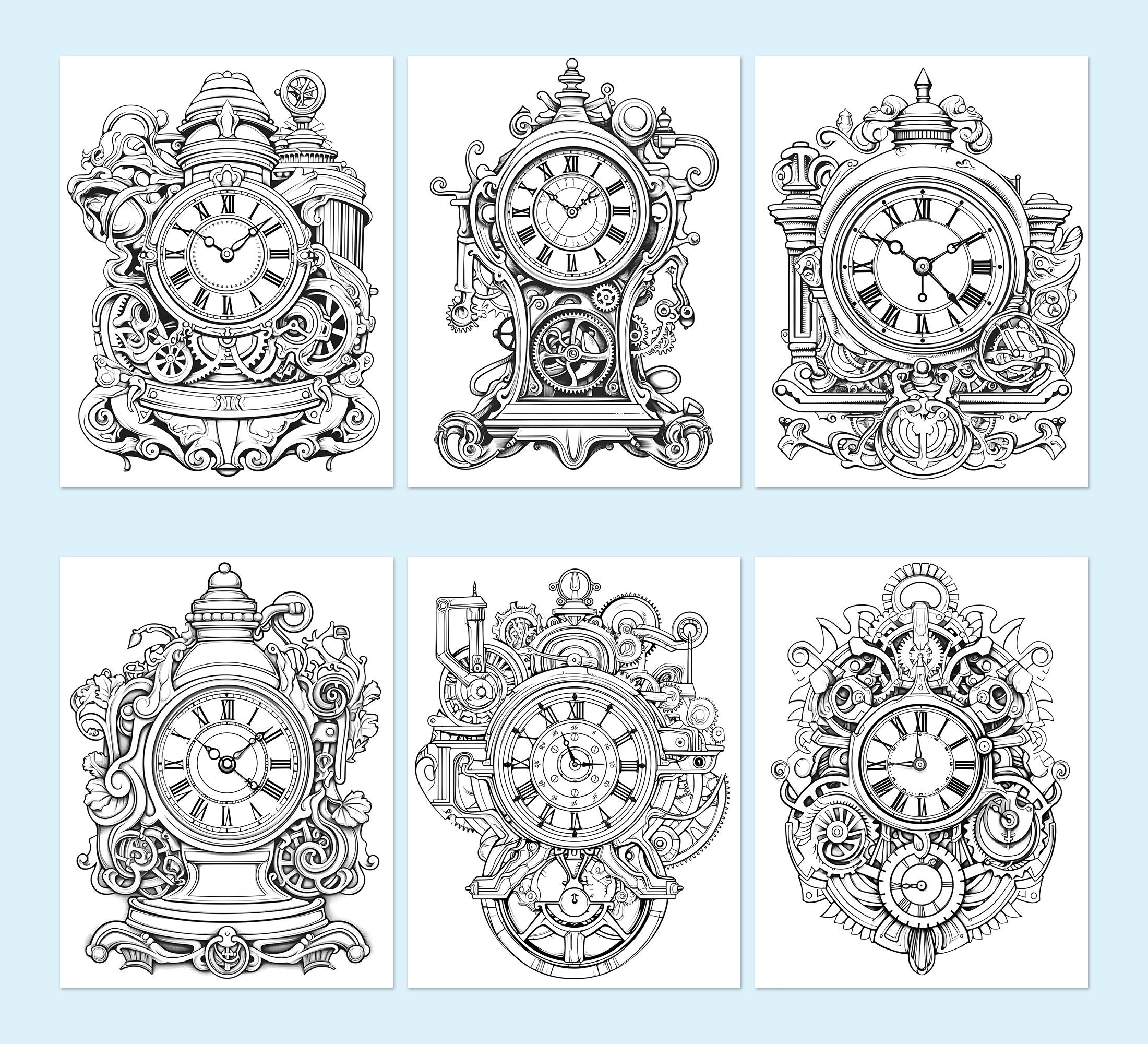 Mechanical Steampunk Mandala Clocks Coloring Book Adults Kids Pages ...