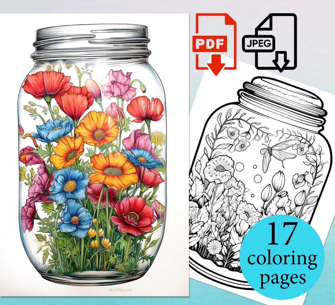 Flowers in Jar Coloring Book Nature in Bottle Pages Adults Kids ...
