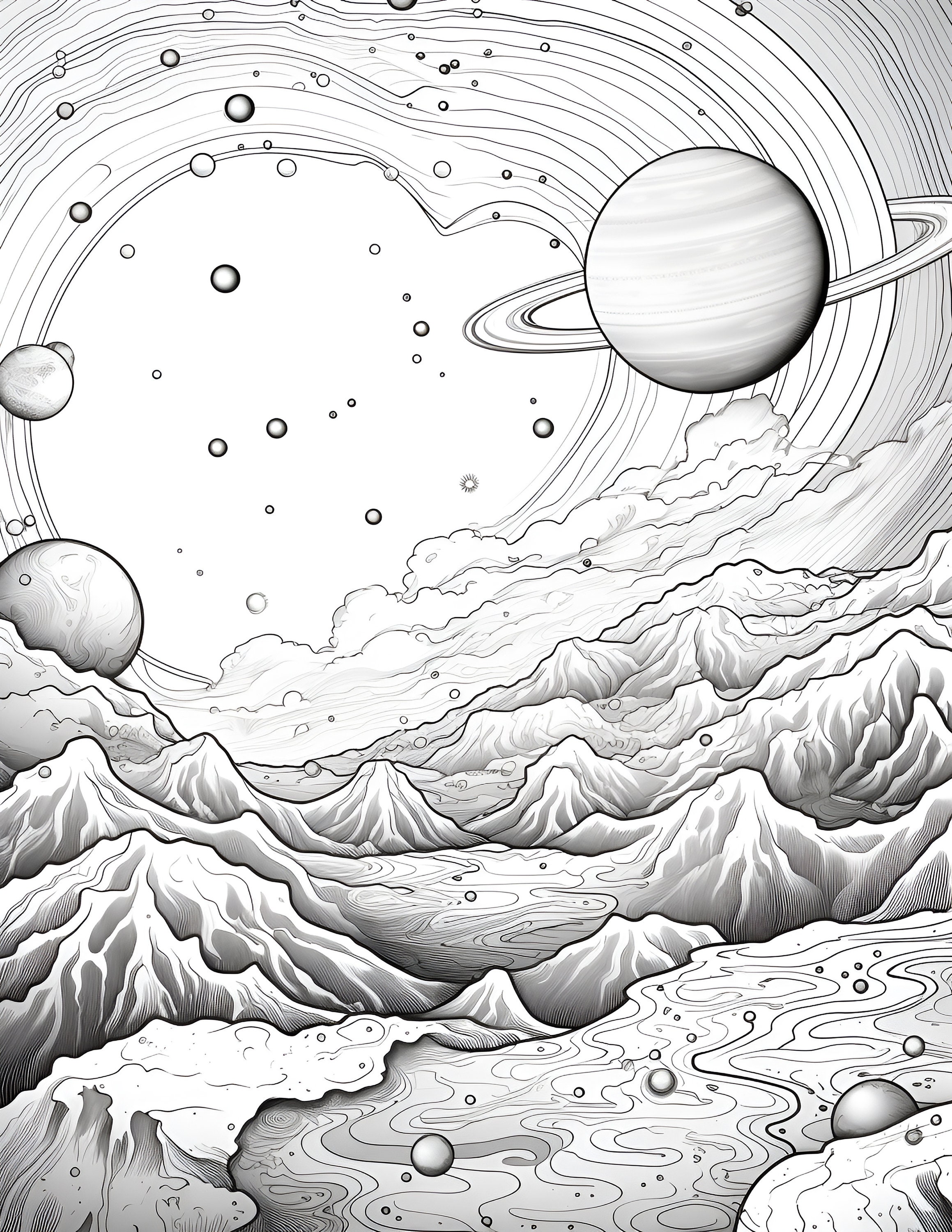 Fantasy Galactic Landscape Coloring Book Spaces Art Kids Pages Adult ...
