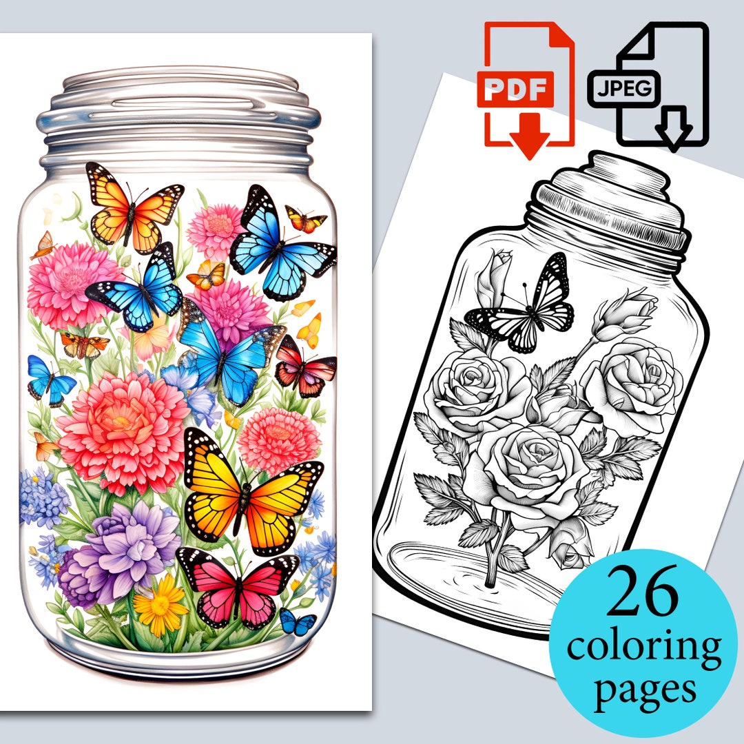 Flowers and Butterflys in Jar Floral Coloring Book Colored Bottle Pages ...