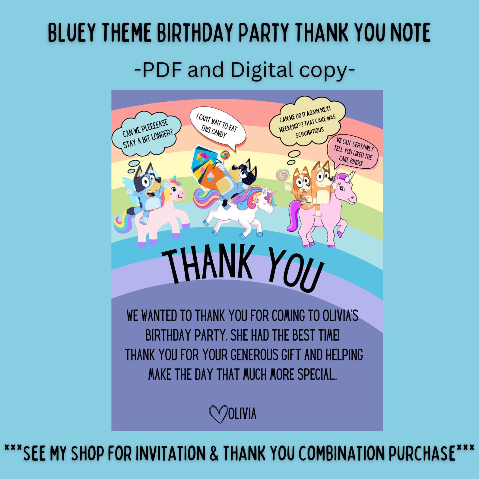 Bluey Thank You Note, Bluey Birthday Party, Thank You Note for Party ...
