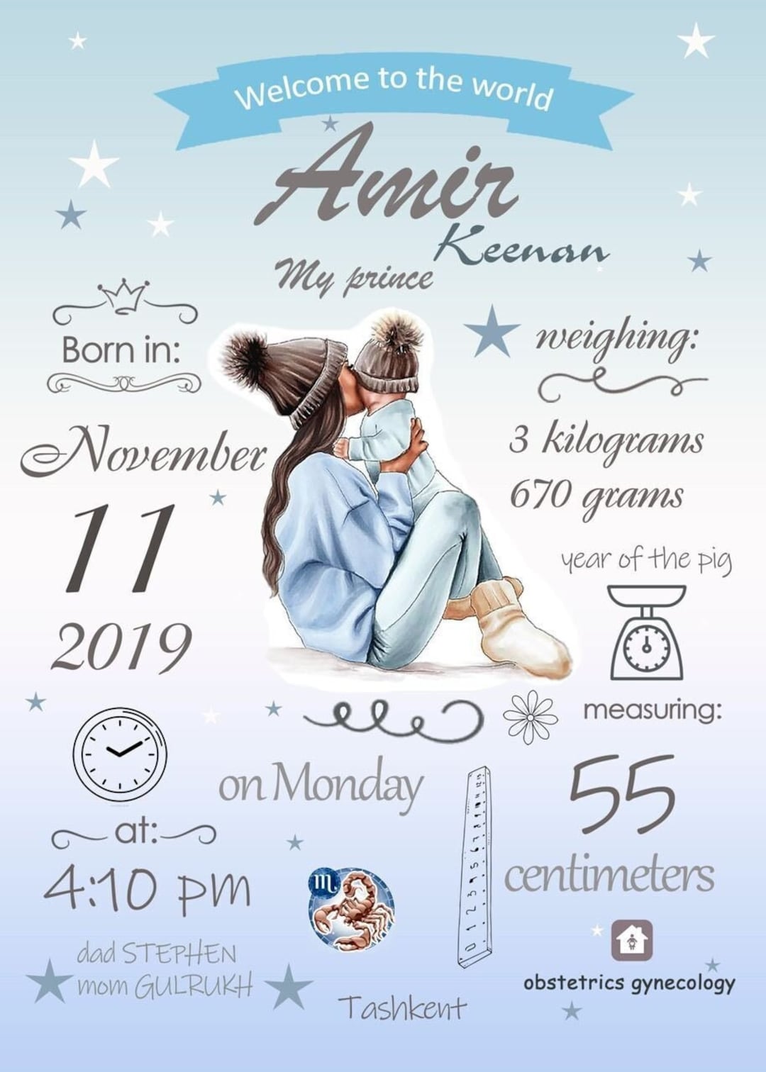 Baby's Posters, Height, Weight, Date of Birth. Newborn Announcement ...