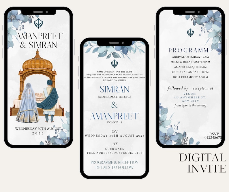 Editable Digital Punjabi Sikh Wedding Invitation Bundle, Paperless Blue ...