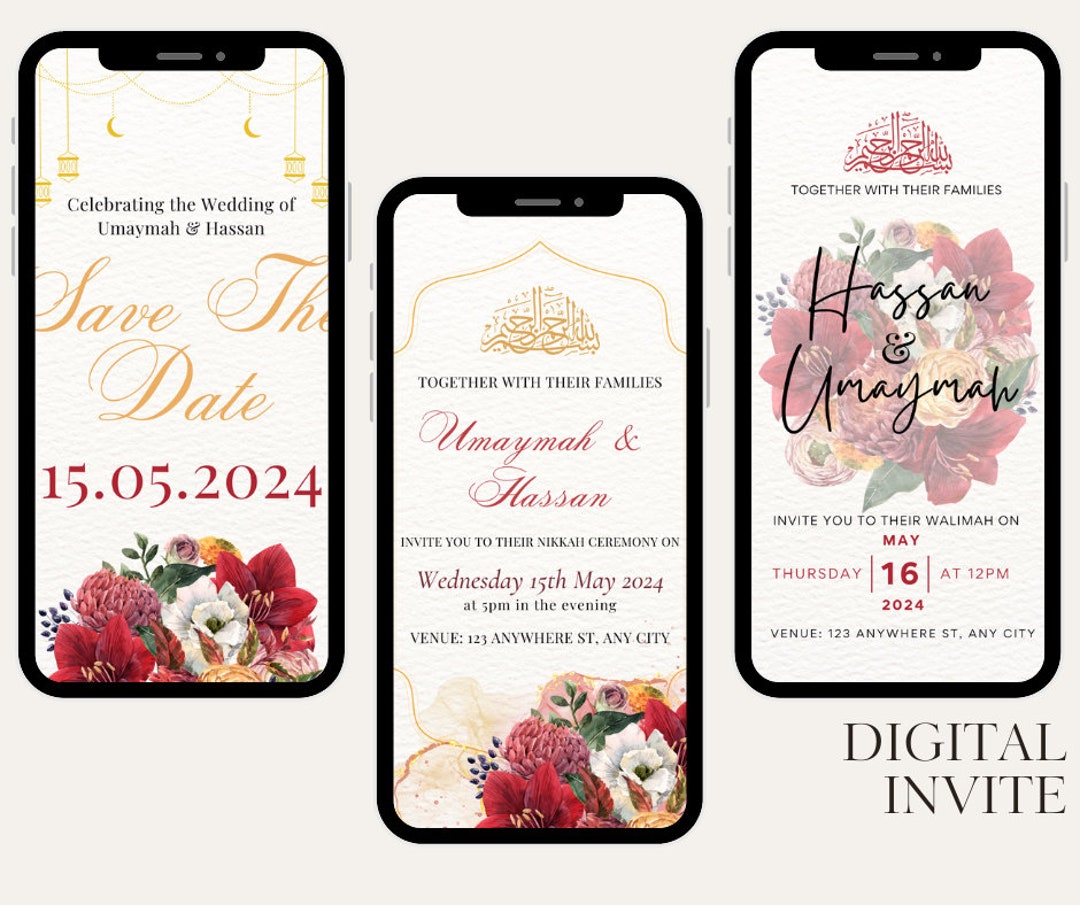 Editable Digital Muslim Wedding Invitation Bundle, Paperless Red and ...