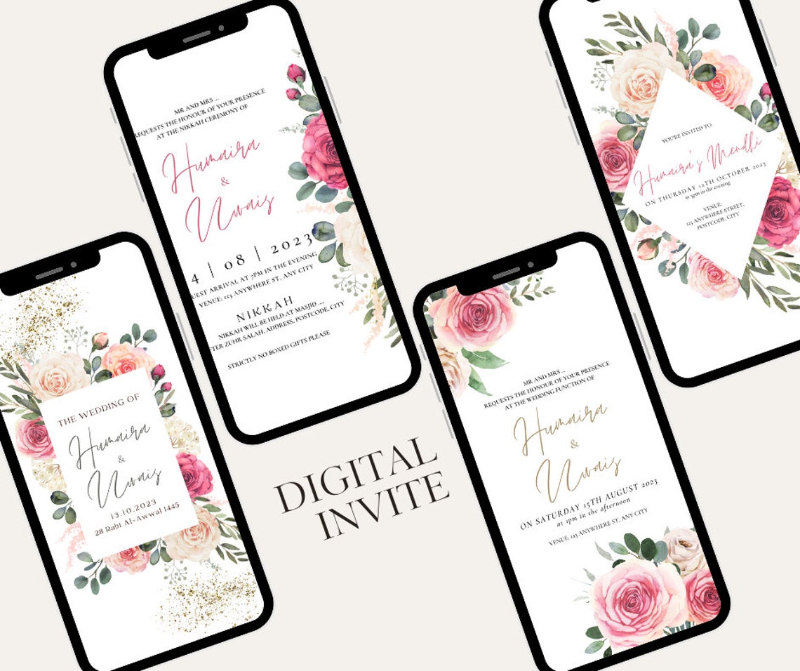 Editable Digital Muslim Wedding Invitation Bundle, Paperless Pink ...