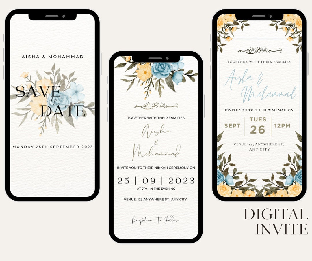Editable Digital Muslim Wedding Invitation Bundle, Paperless Yellow and ...