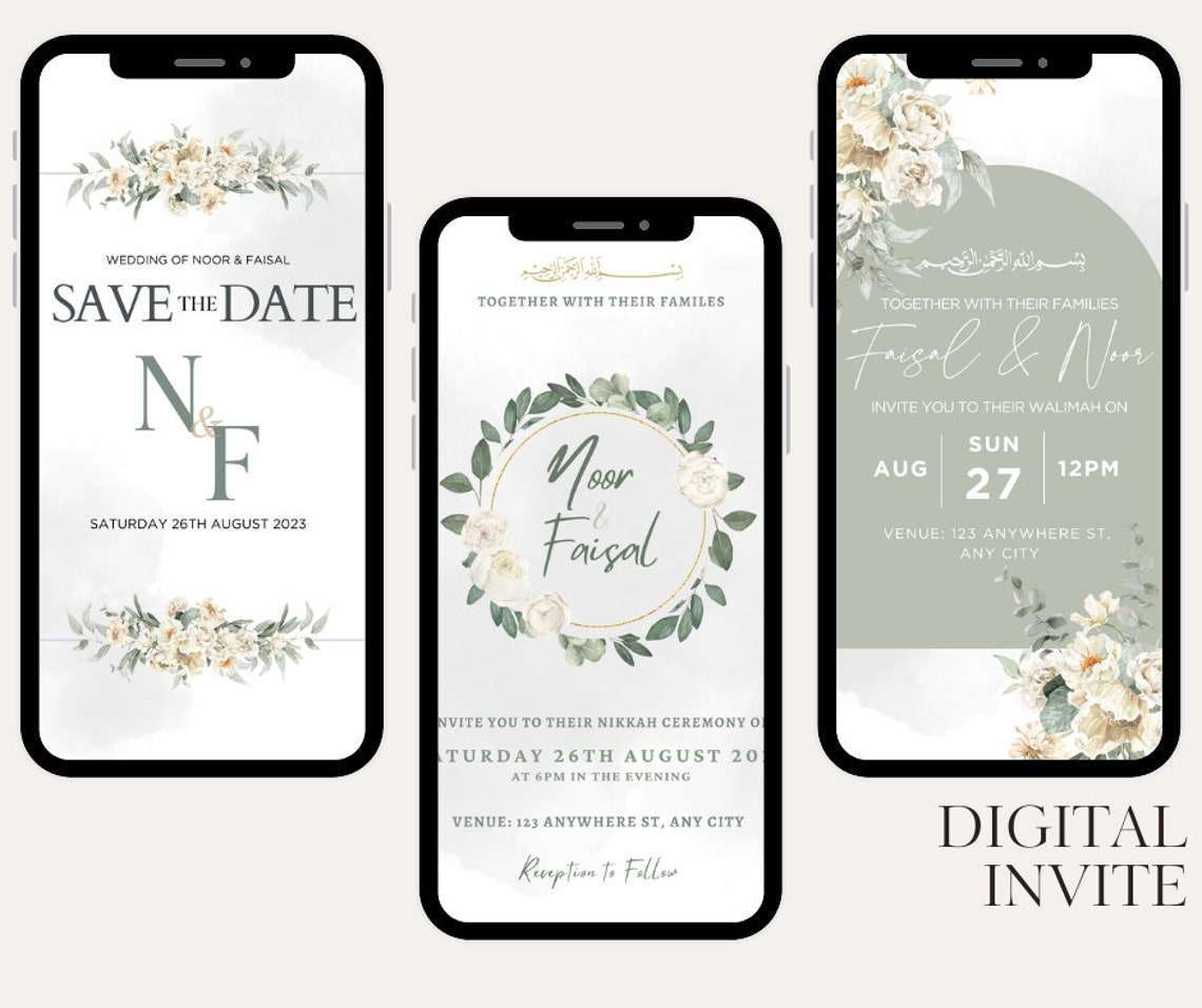 Editable Digital Muslim Wedding Invitation Bundle, Paperless Cream and ...
