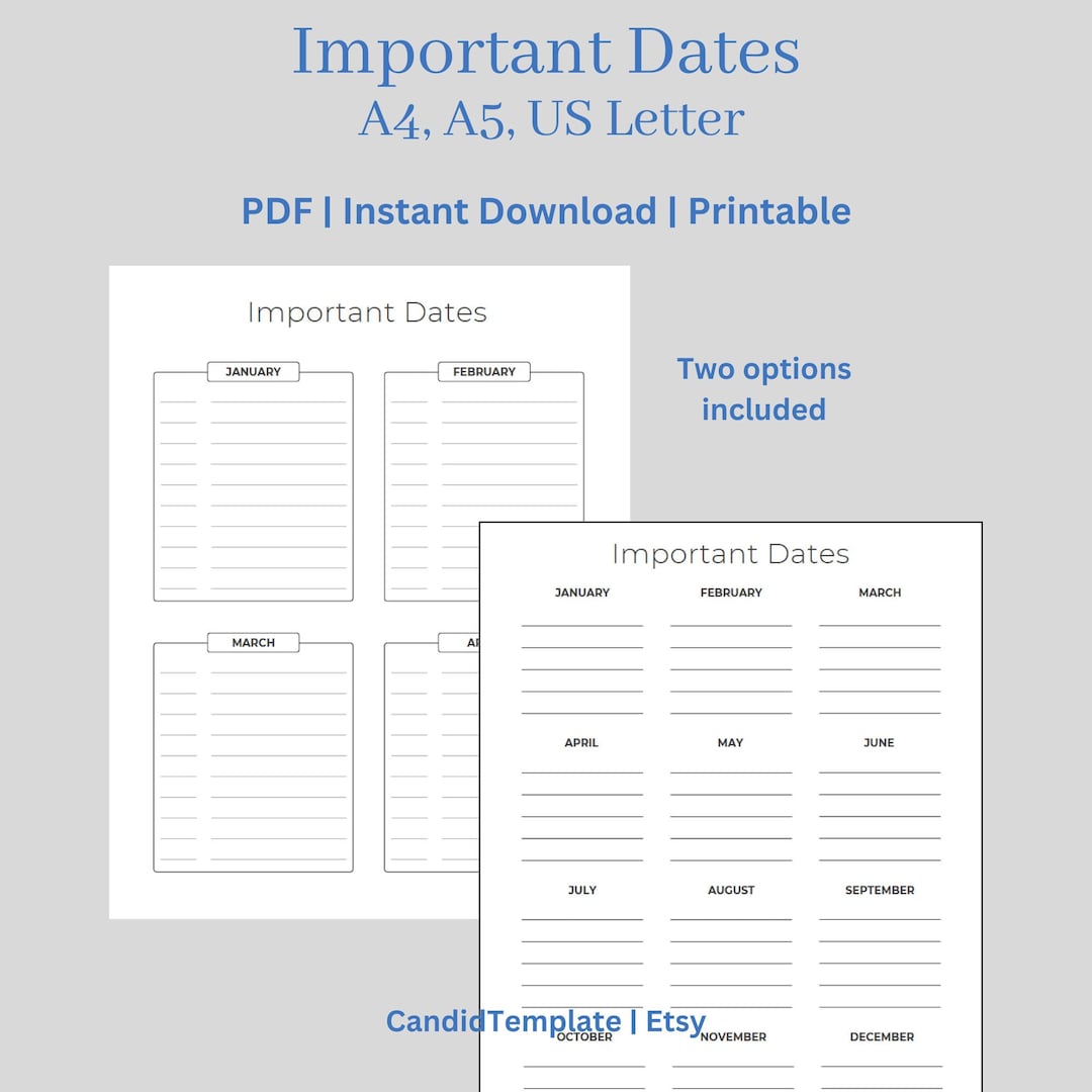 Important Date Tracker for Monthly and Annual Events or Appointments, Printable, Template, A4 ...