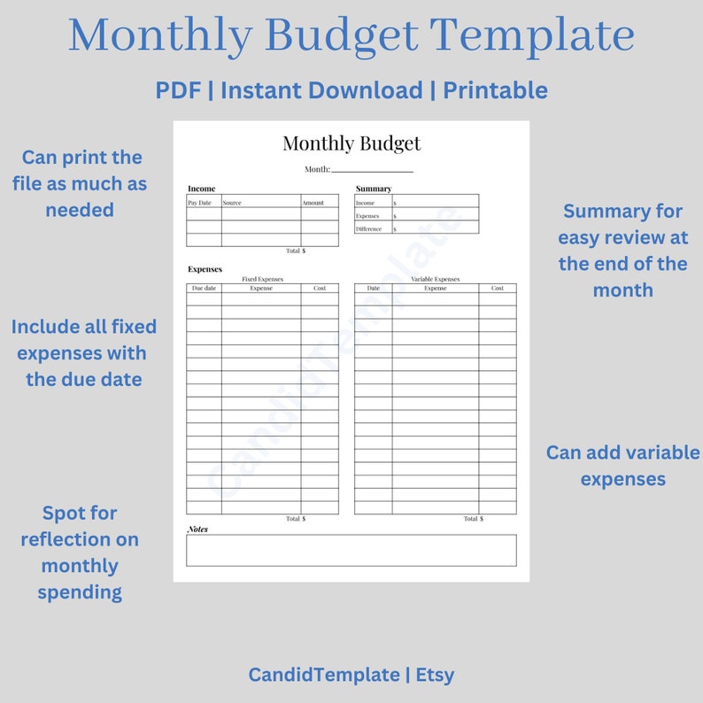 Monthly Budget Template for Tracking Expenses, Printable, Minimalist ...