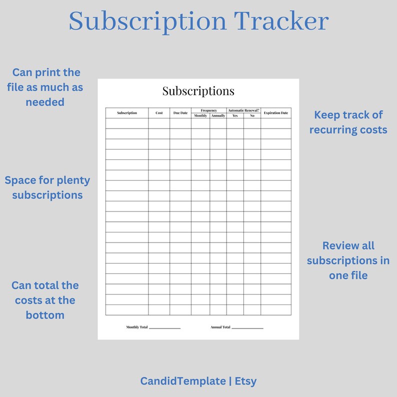 Subscription Tracker for Monthly and Annual Expenses, Template, Budget ...