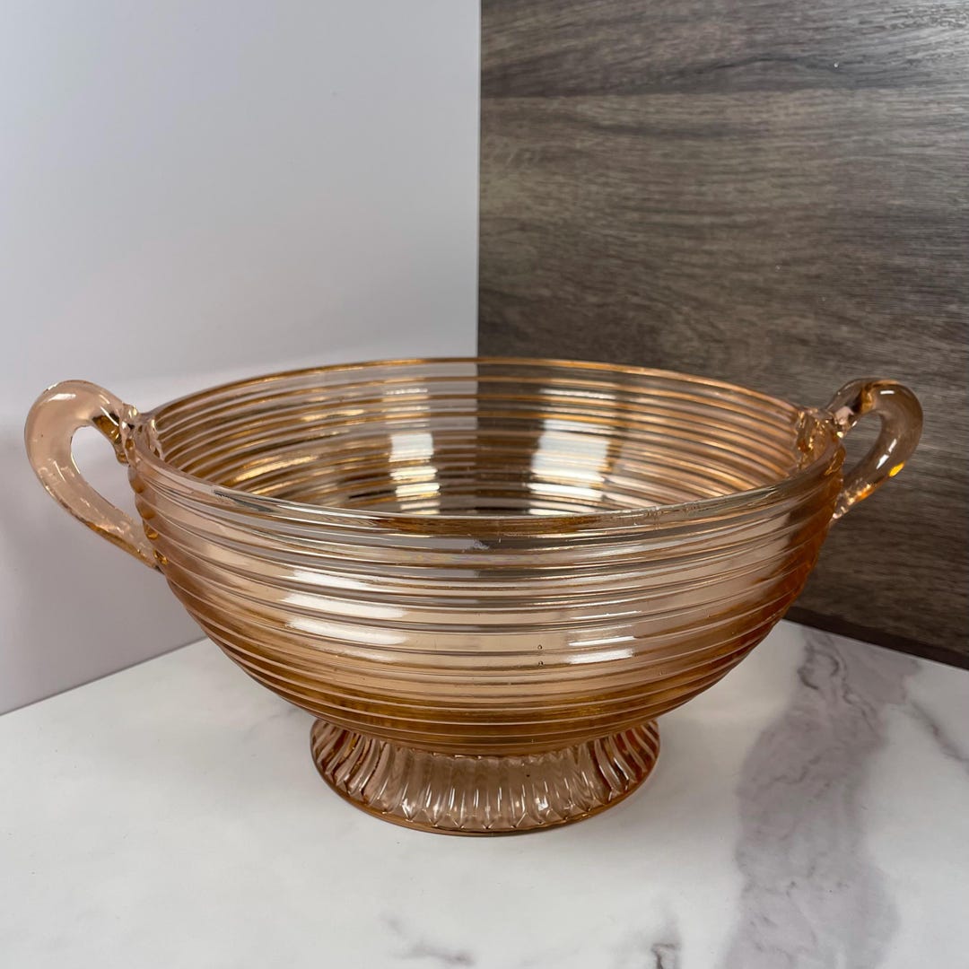 Vintage Art Deco Pink Ribbed Depression Glass Serving Bowl Produced by ...