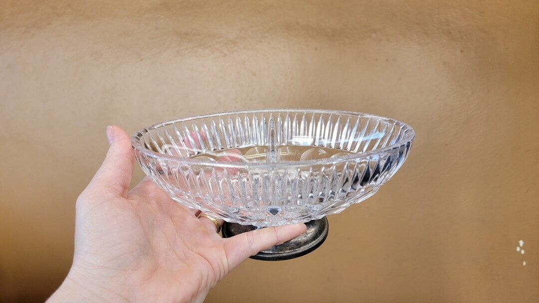 Vintage Crystal Glass Offering Bowl With Divider on Silver Co Pedestal ...