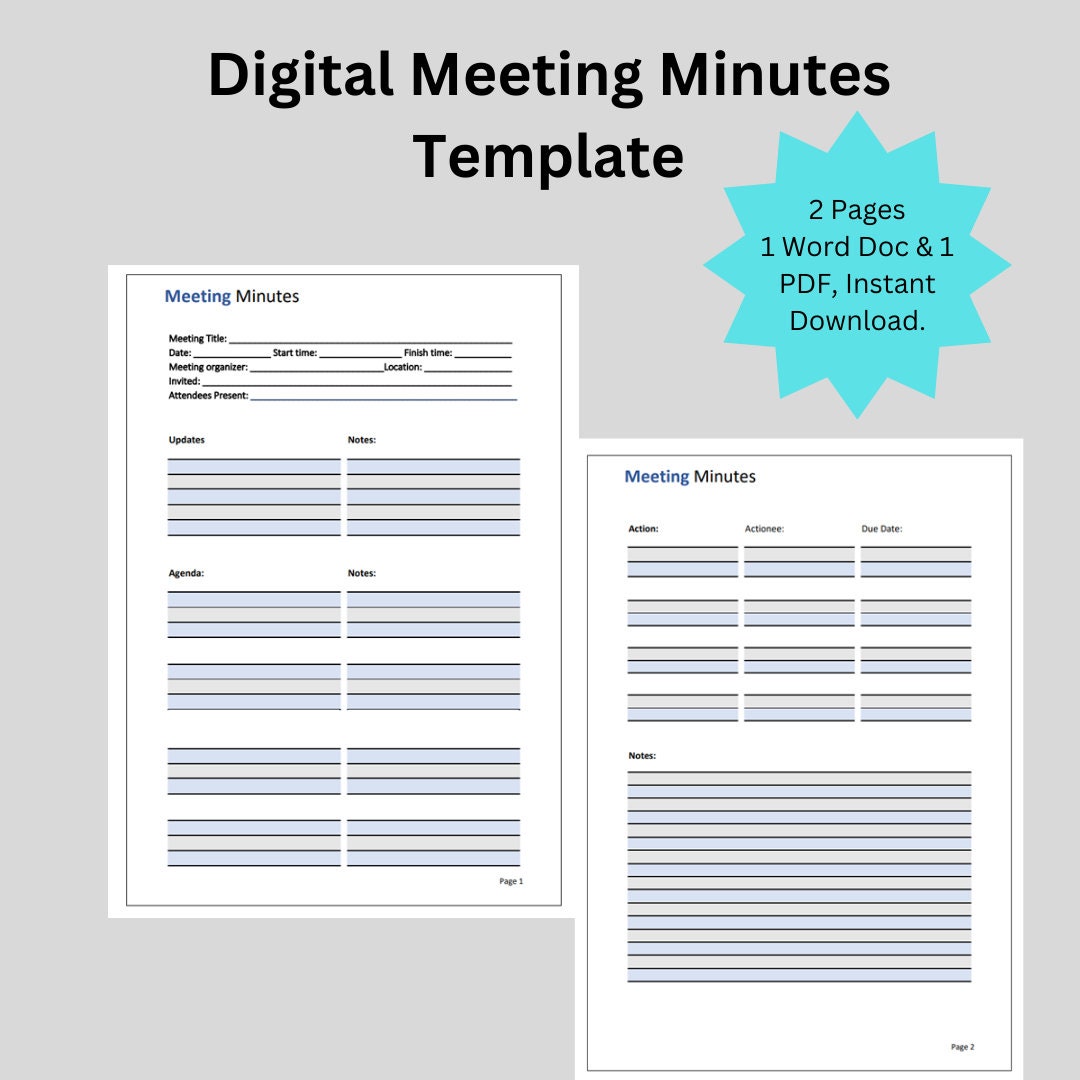 Meeting Minutes Document Template, Project Management, Meeting Notes ...
