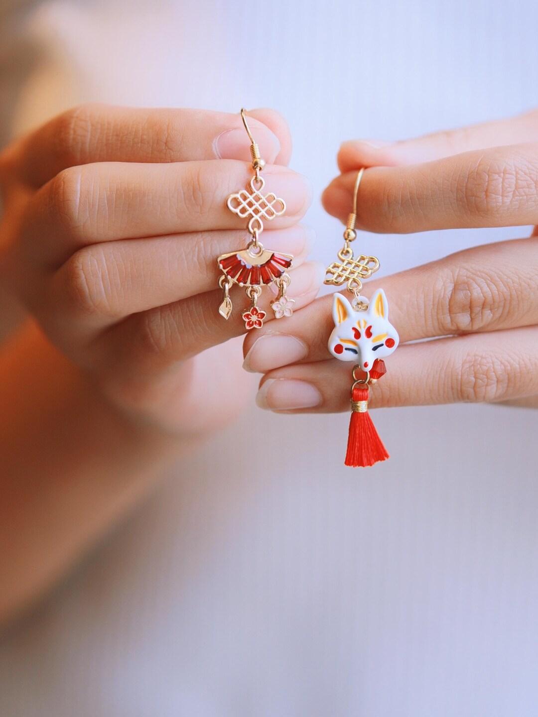 Cute Japanese Fox Earrings | Asymmetrical Red Sakura Flower Dangles ...