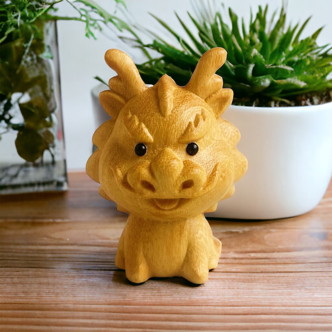Cute Wood Dragon Home Decor 2024 Lunar Zodiacs Figurine Kawaii Animal ...