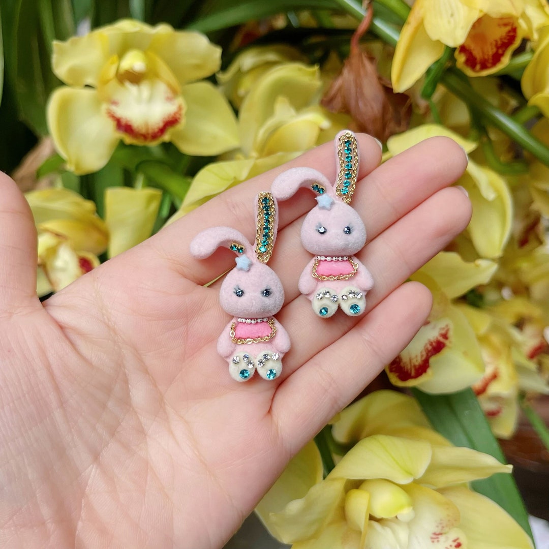 Cute Rabbit Earrings for Easter Jewelry Pink Flock Stud Earrings Gift ...