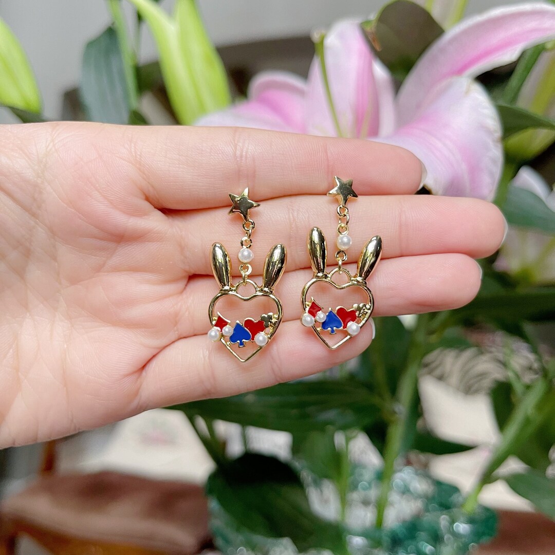 Gold Rabbit Earrings With Poker Cards. Cute Bunny From Alice in ...