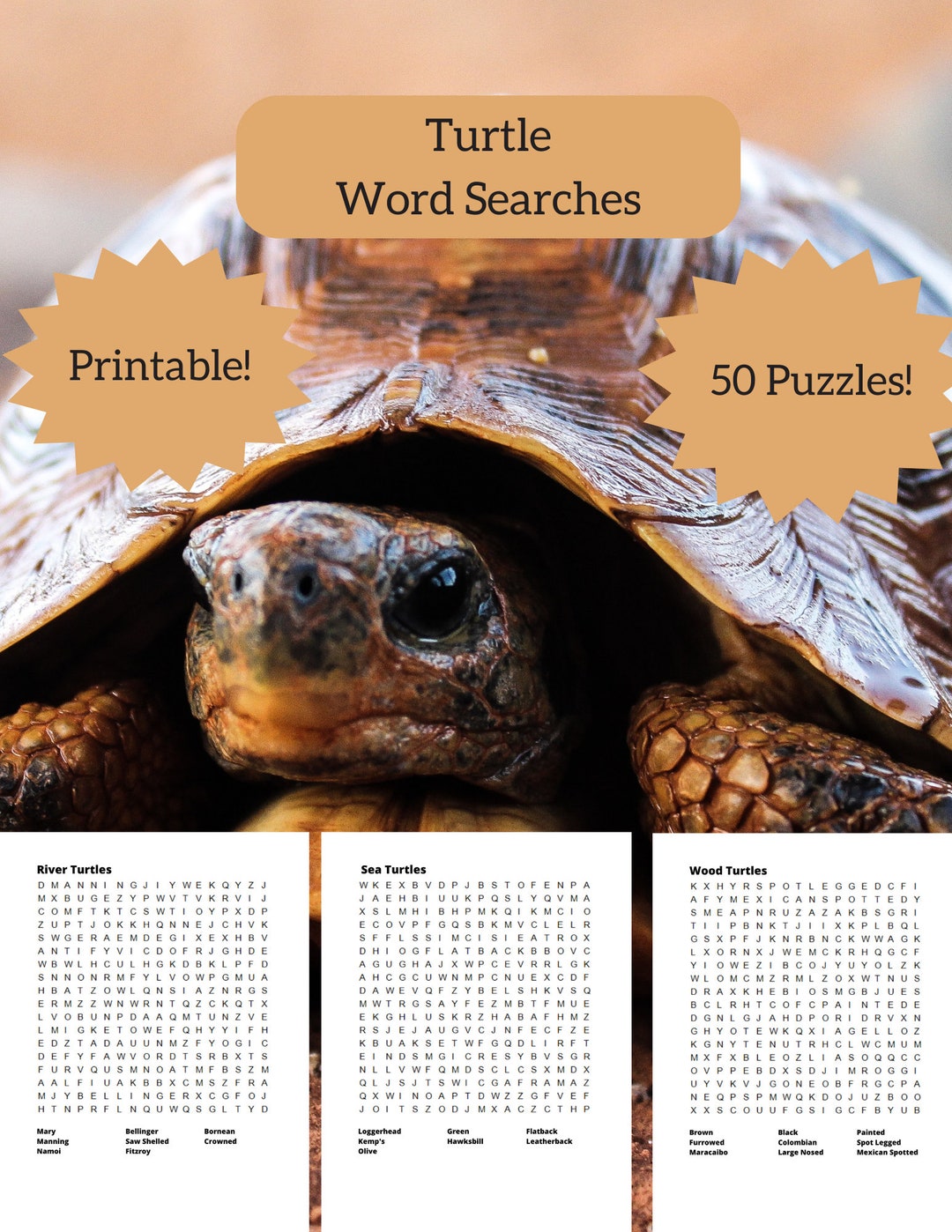 Printable Animal Word Search: Turtles 50 Large Print Puzzles With ...