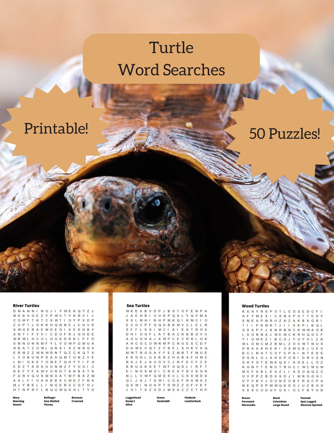 Printable Animal Word Search: Turtles 50 Large Print Puzzles With ...