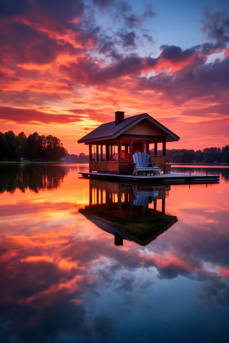 Lake-house Retreat Sunrise Sunset Set of 4 Wall Art Prints Nature Lake ...