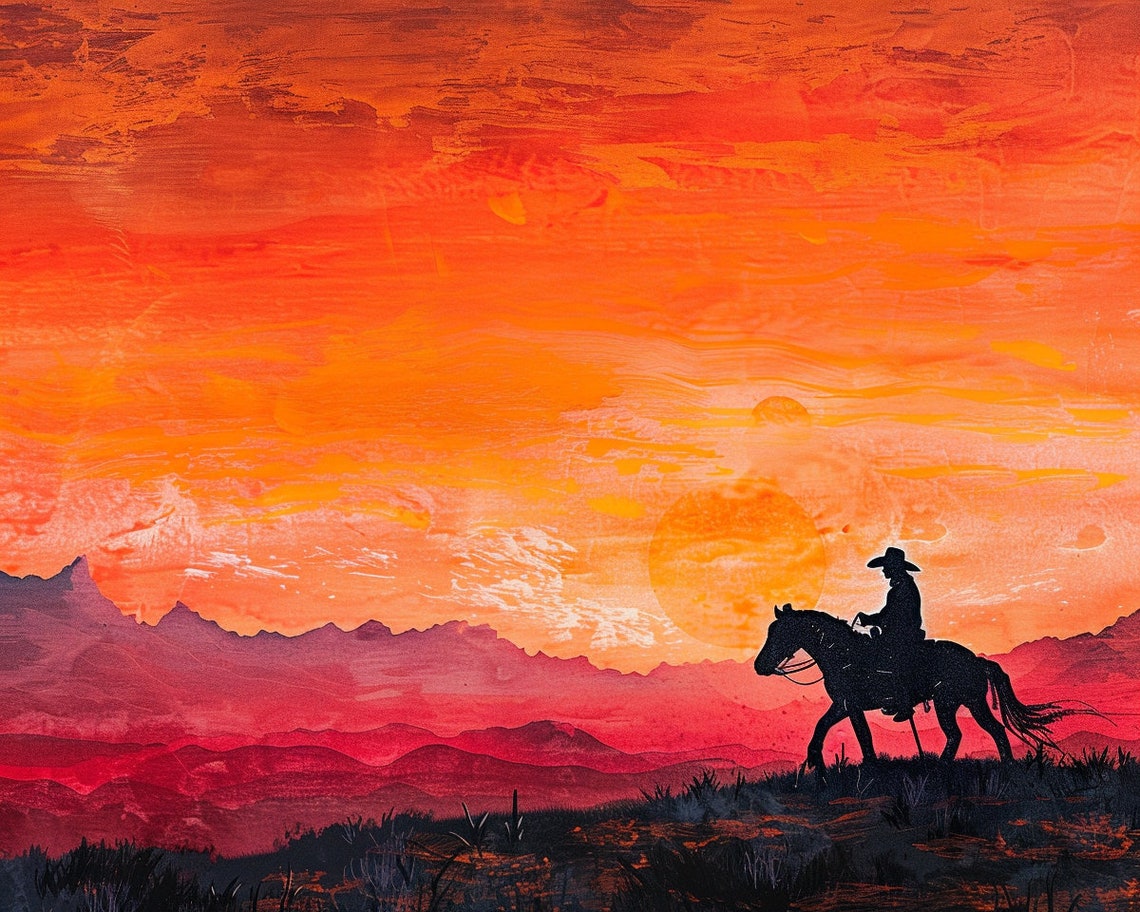 Western Cowboy Sunset Wall Art: Lone Rider Silhouette on Horseback ...