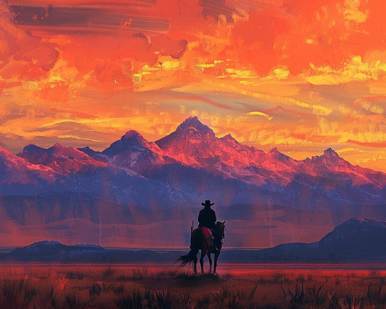 Western Cowboy Sunset Wall Art: Lone Rider Silhouette on Horseback ...