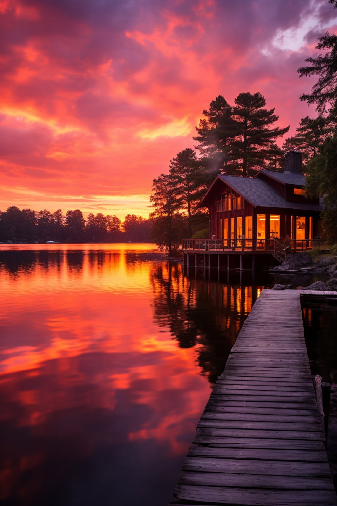 Lake-house Retreat Sunrise Sunset Set of 4 Wall Art Prints Nature Lake ...