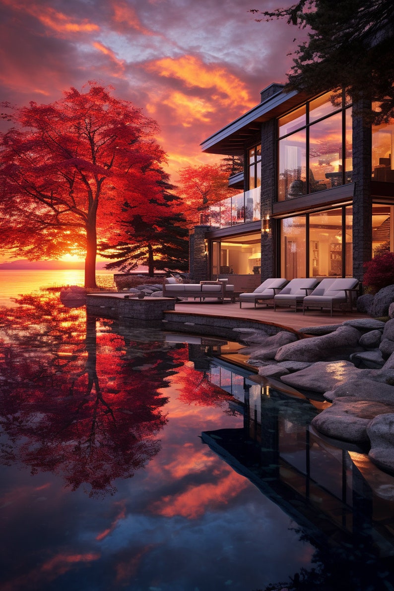 Lake-house Retreat Sunrise Sunset Set of 4 Wall Art Prints Nature Lake ...