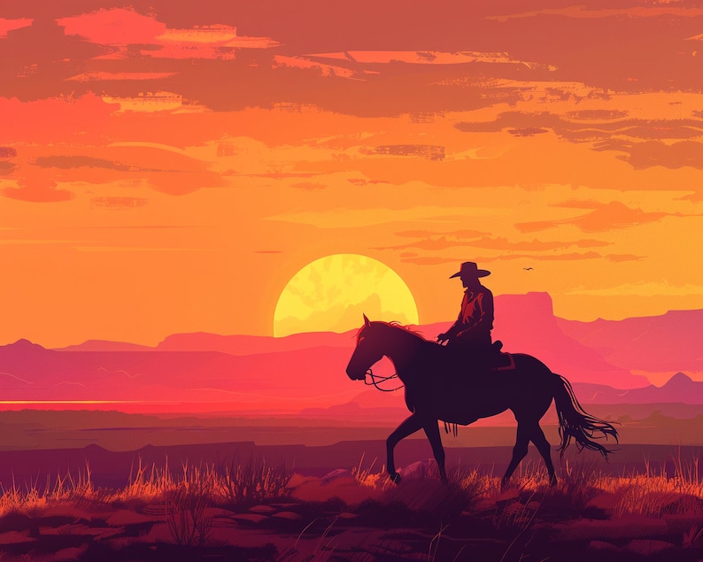 Western Cowboy Sunset Wall Art: Lone Rider Silhouette on Horseback ...