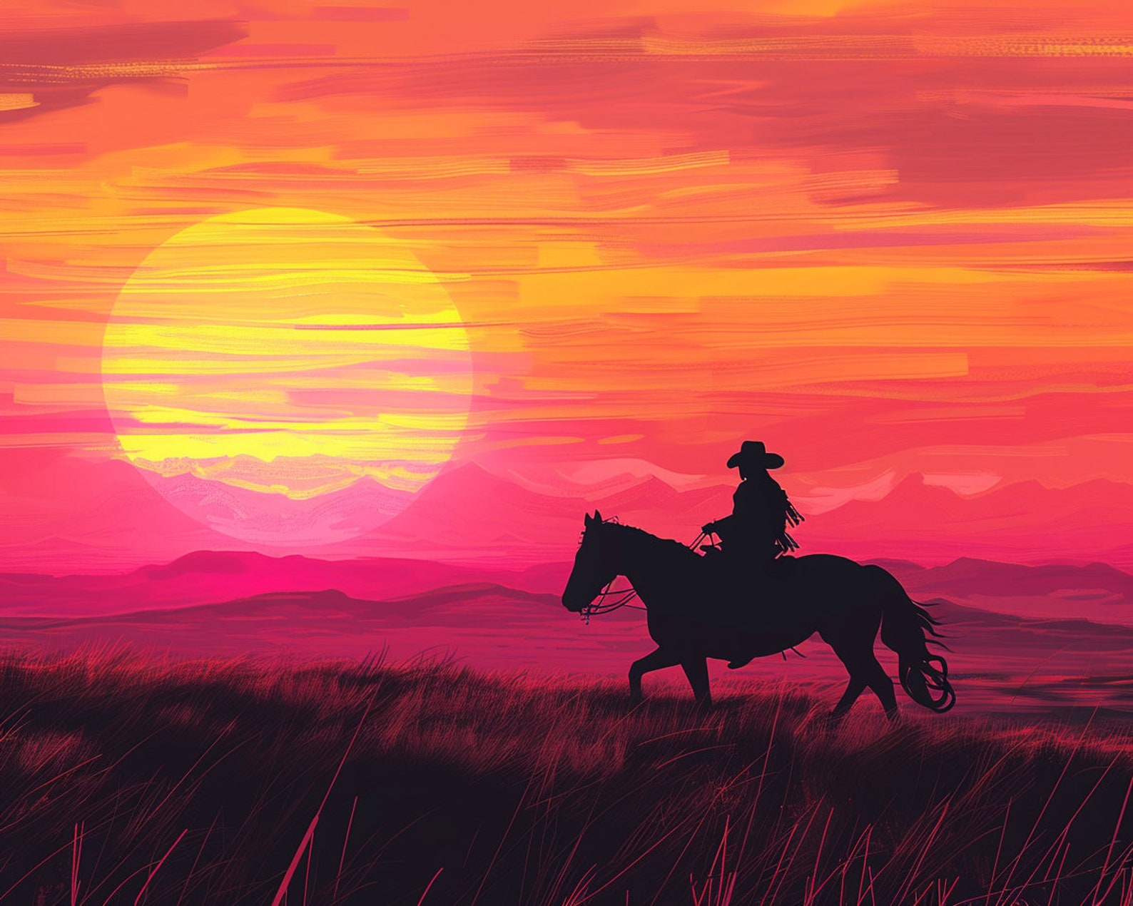 Western Cowboy Sunset Wall Art: Lone Rider Silhouette on Horseback ...