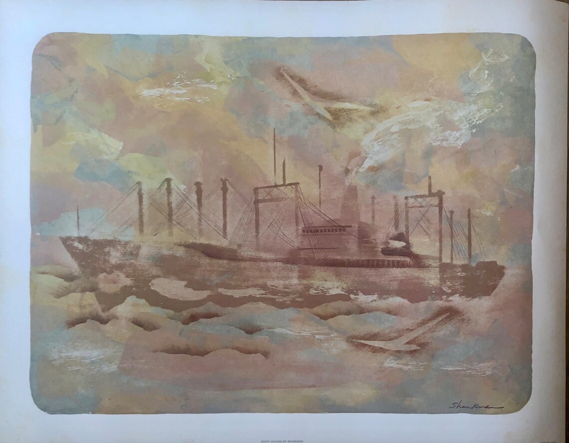 Lithograph night Voyage by Shankman Cargo Ship on the Sea Signed by ...