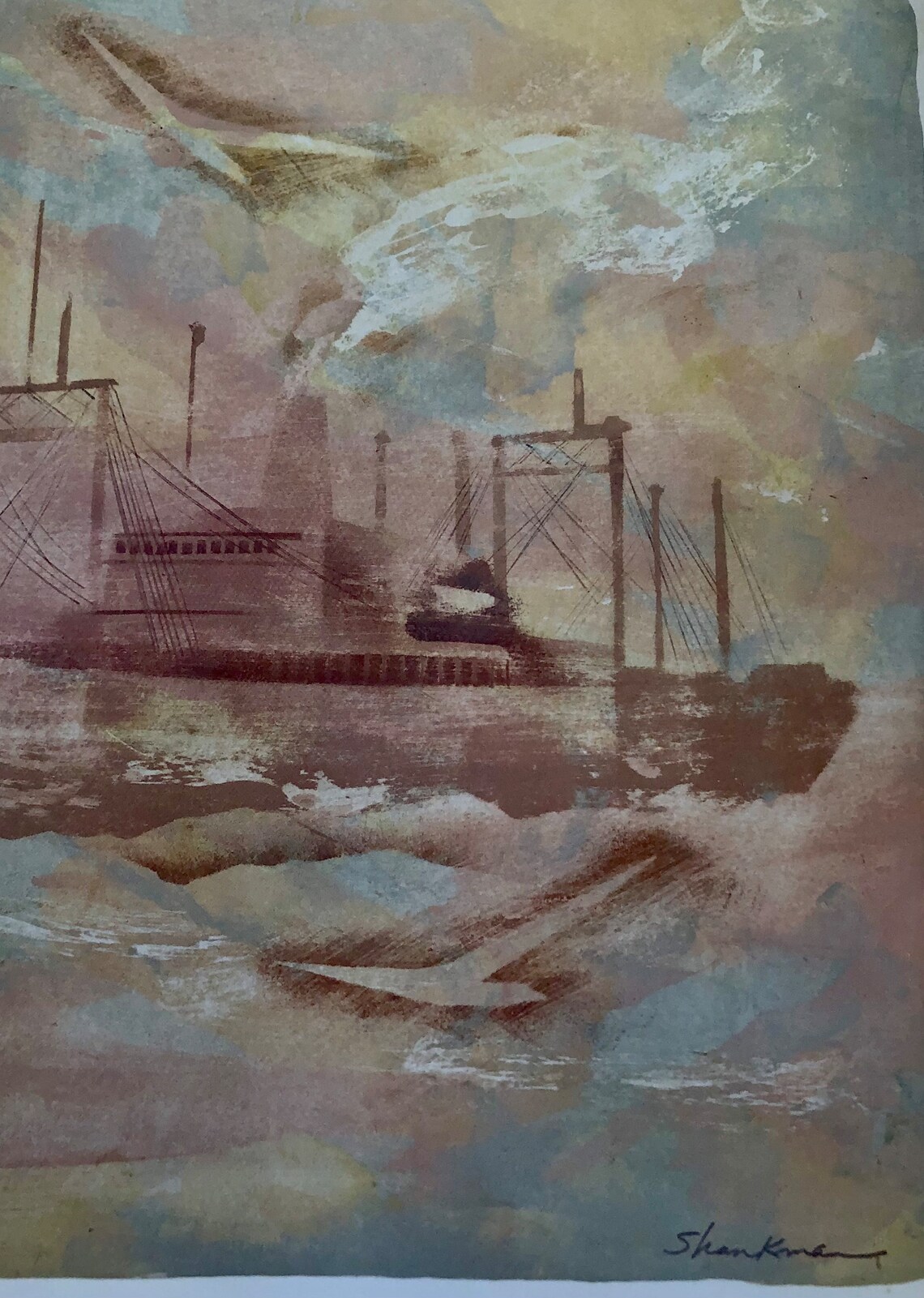 Lithograph night Voyage by Shankman Cargo Ship on the Sea Signed by ...