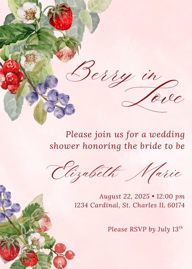 Berry in Love Bridal Shower Invitation Template - Etsy
