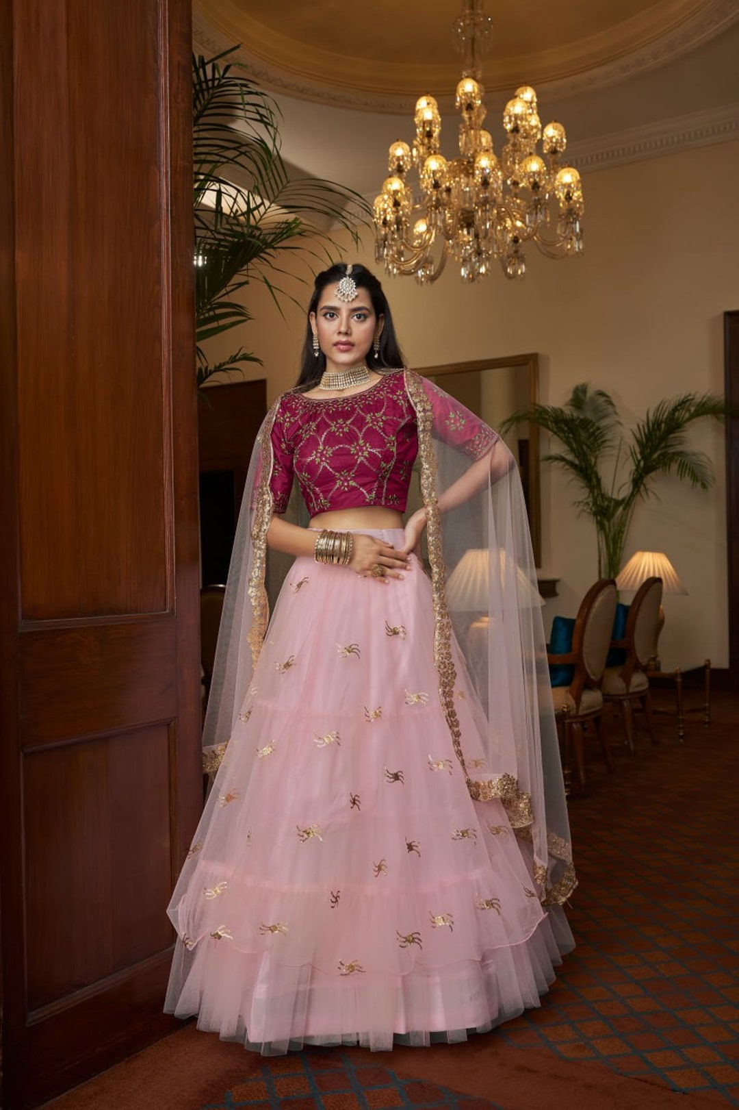 Indian Wedding Wear Lehenga Choli Light Pink Net Lengha Choli Bridal ...