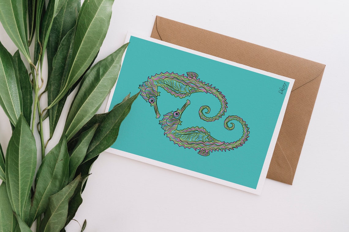 Sea Life Birthday Card, Seahorse Card, Illustrated Card, Greeting Card ...