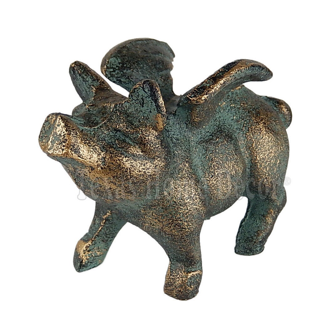 Flying Pig Figurine Cast Iron Green Gold Patina Statue Paper - Etsy