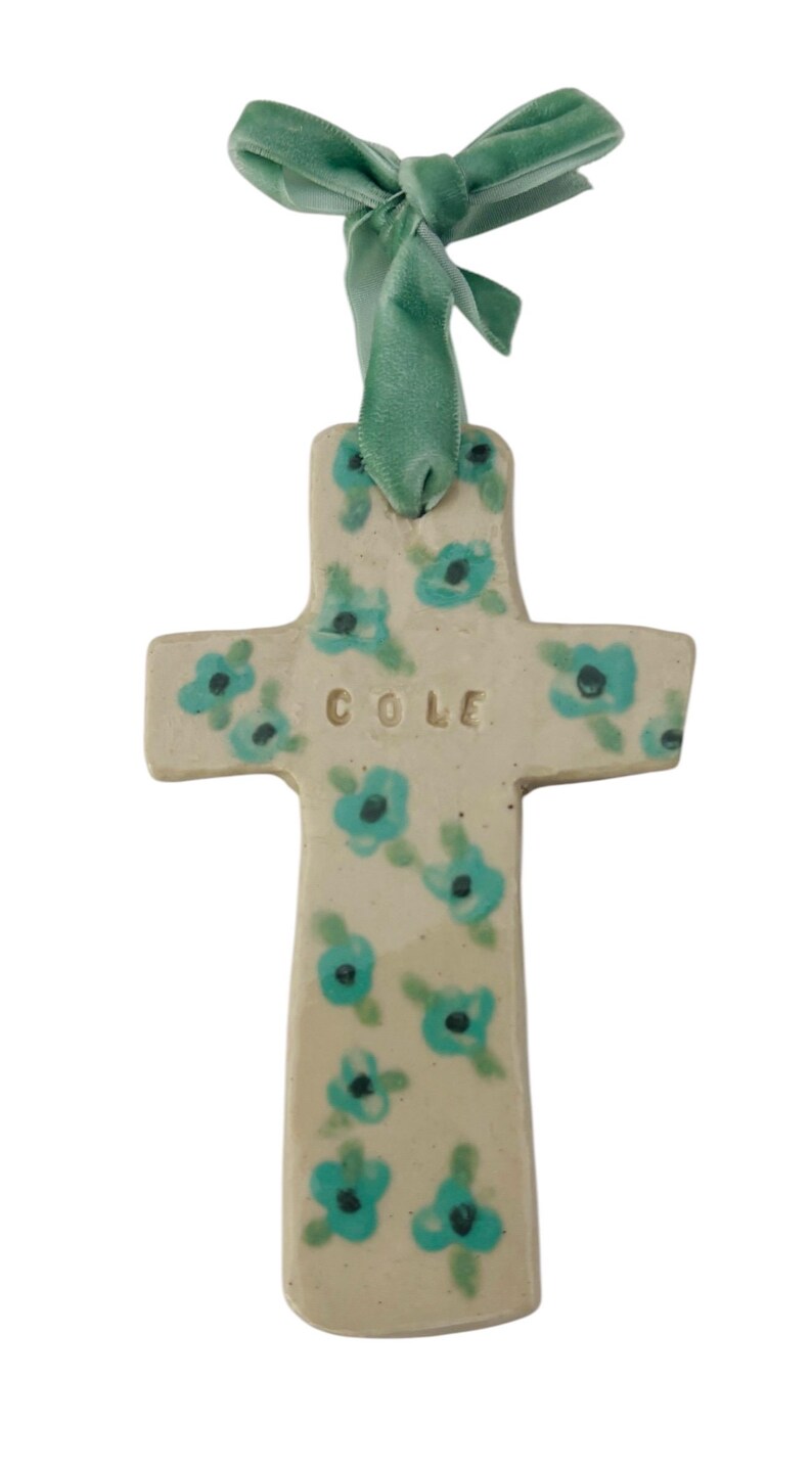 Personalized Ceramic Cross With Velvet Ribbon: Floral Nursery Decor - Etsy