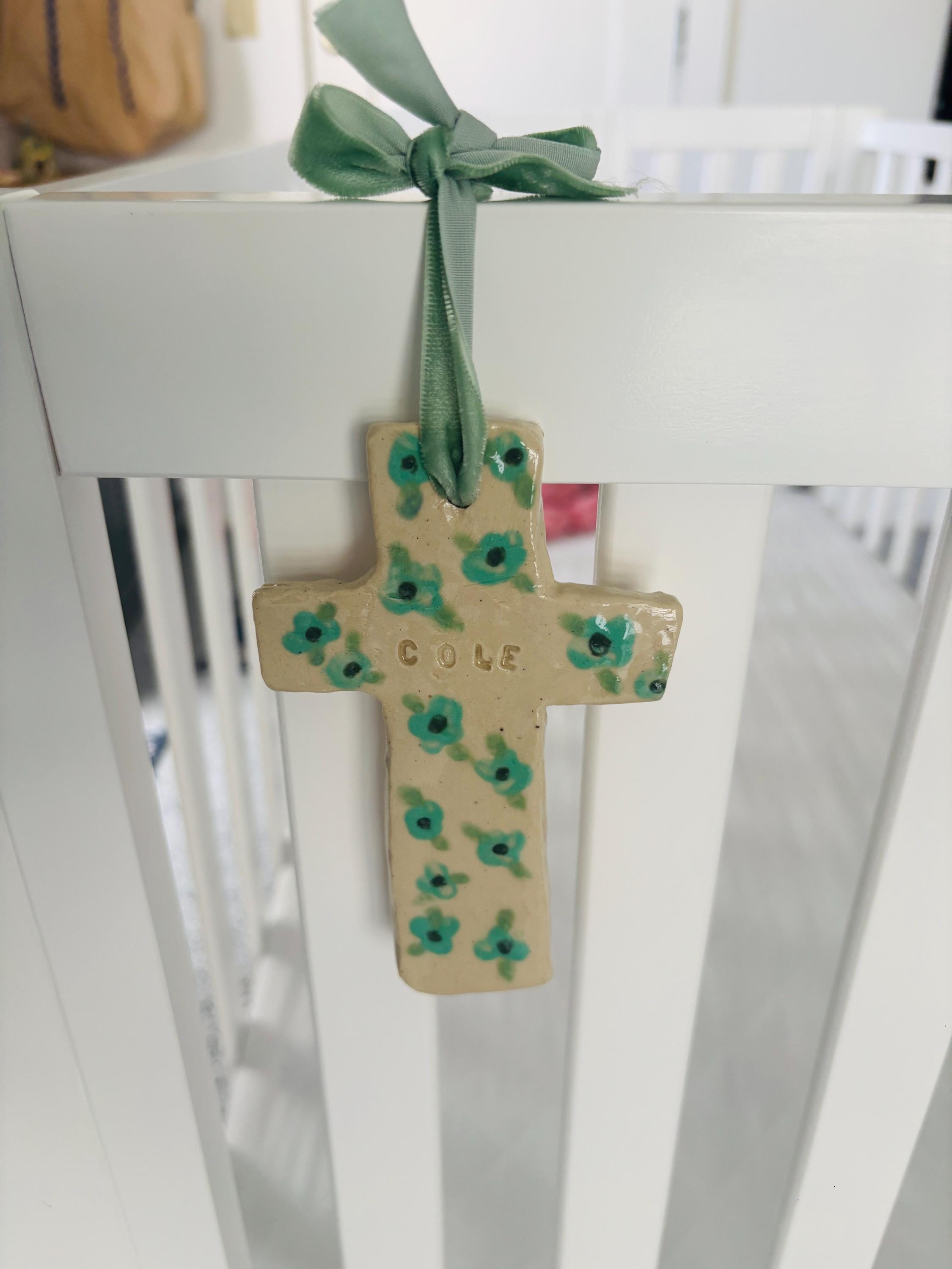 Personalized Ceramic Cross With Velvet Ribbon: Floral Nursery Decor - Etsy