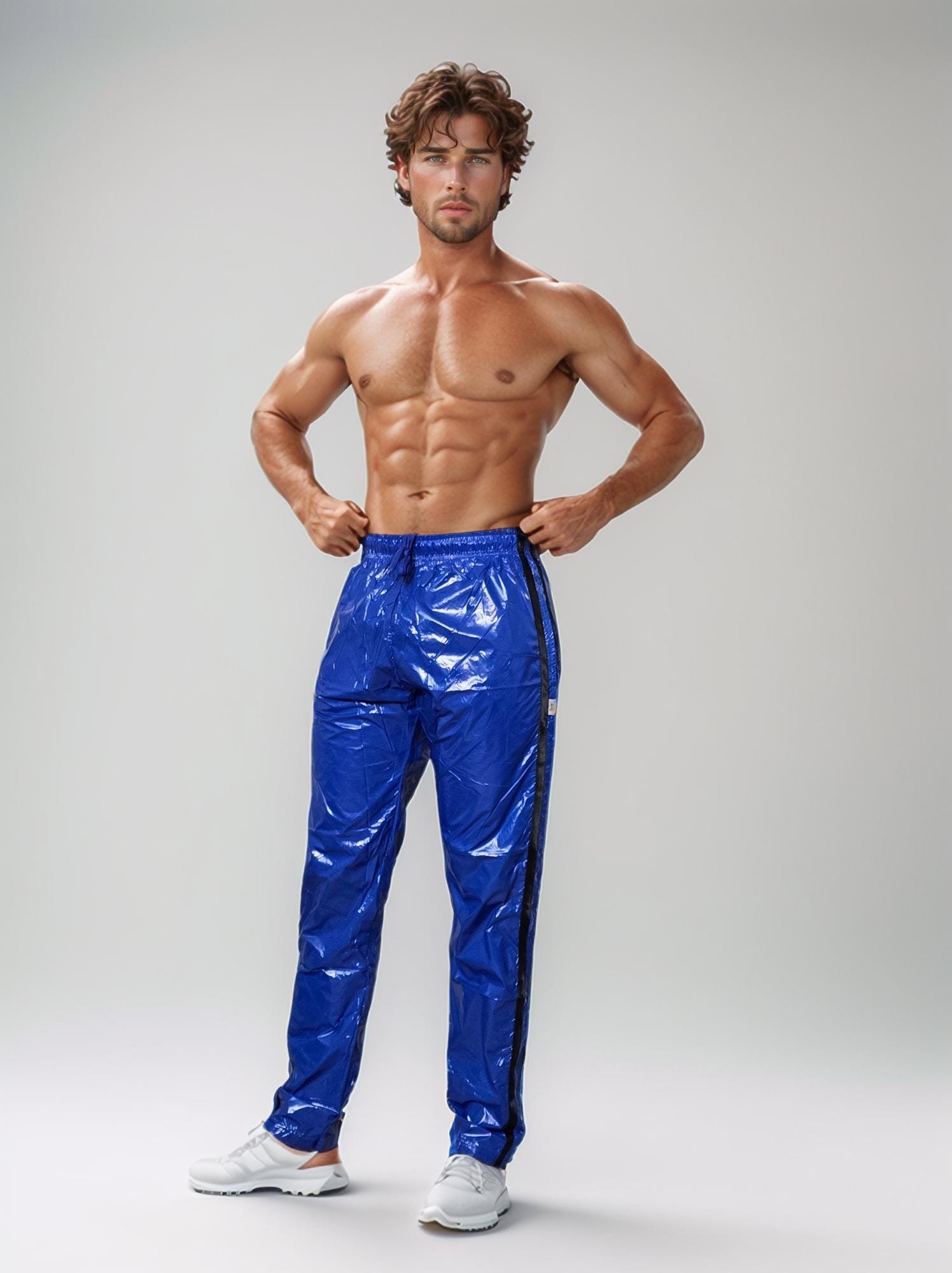 Shiny Blue PU Nylon Sport Jogging Trouser - Glossy PU Nylon Shiny Blue PU Nylon Sport Jogging Trouser - Glossy PU Nylon